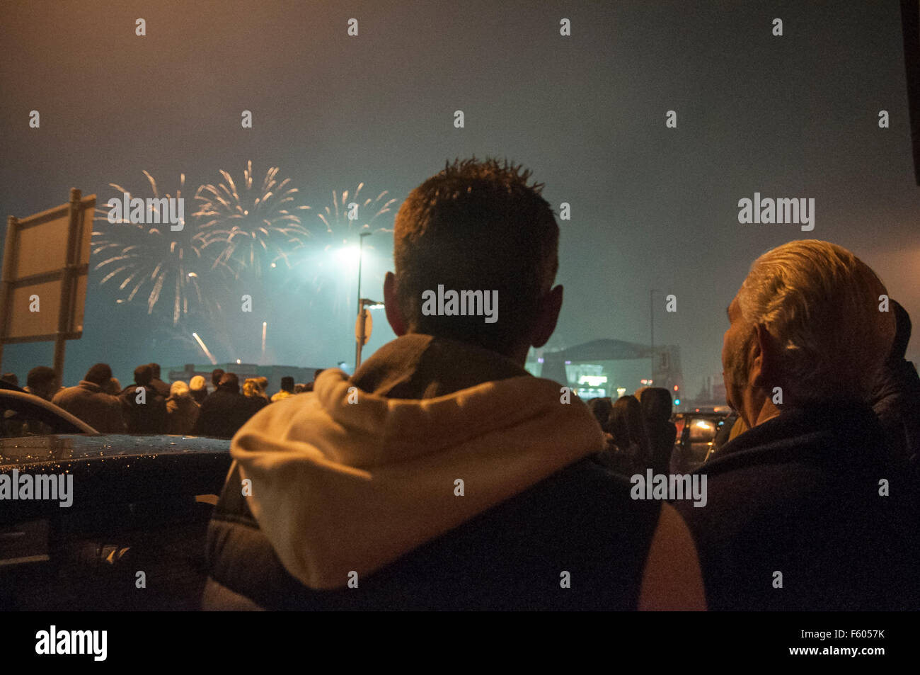 People watching fireworks in the bonfire night at the Mayflower Park in ...