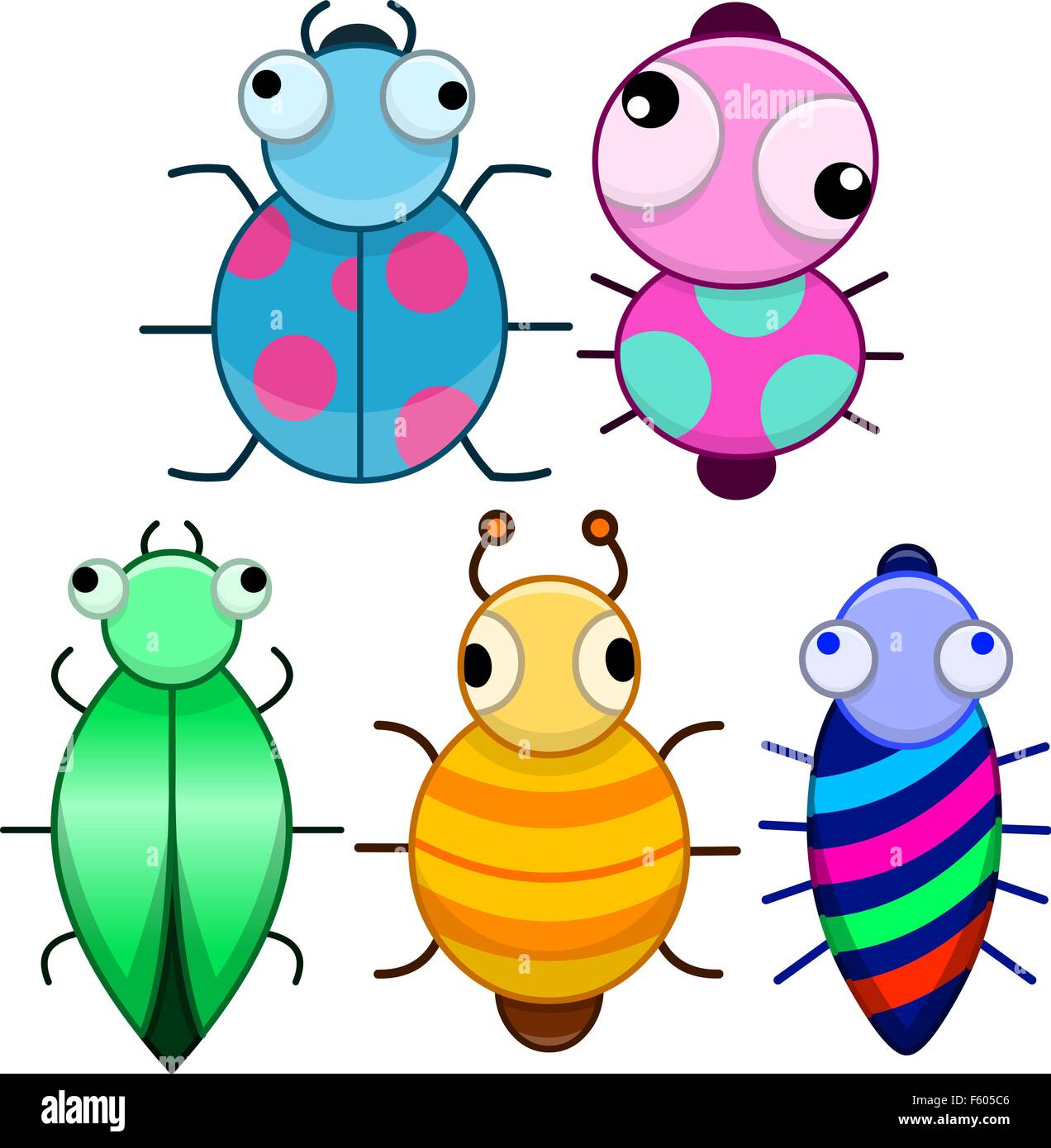 Vector illustration pack of cute colourful cartoonic little bugs Stock ...