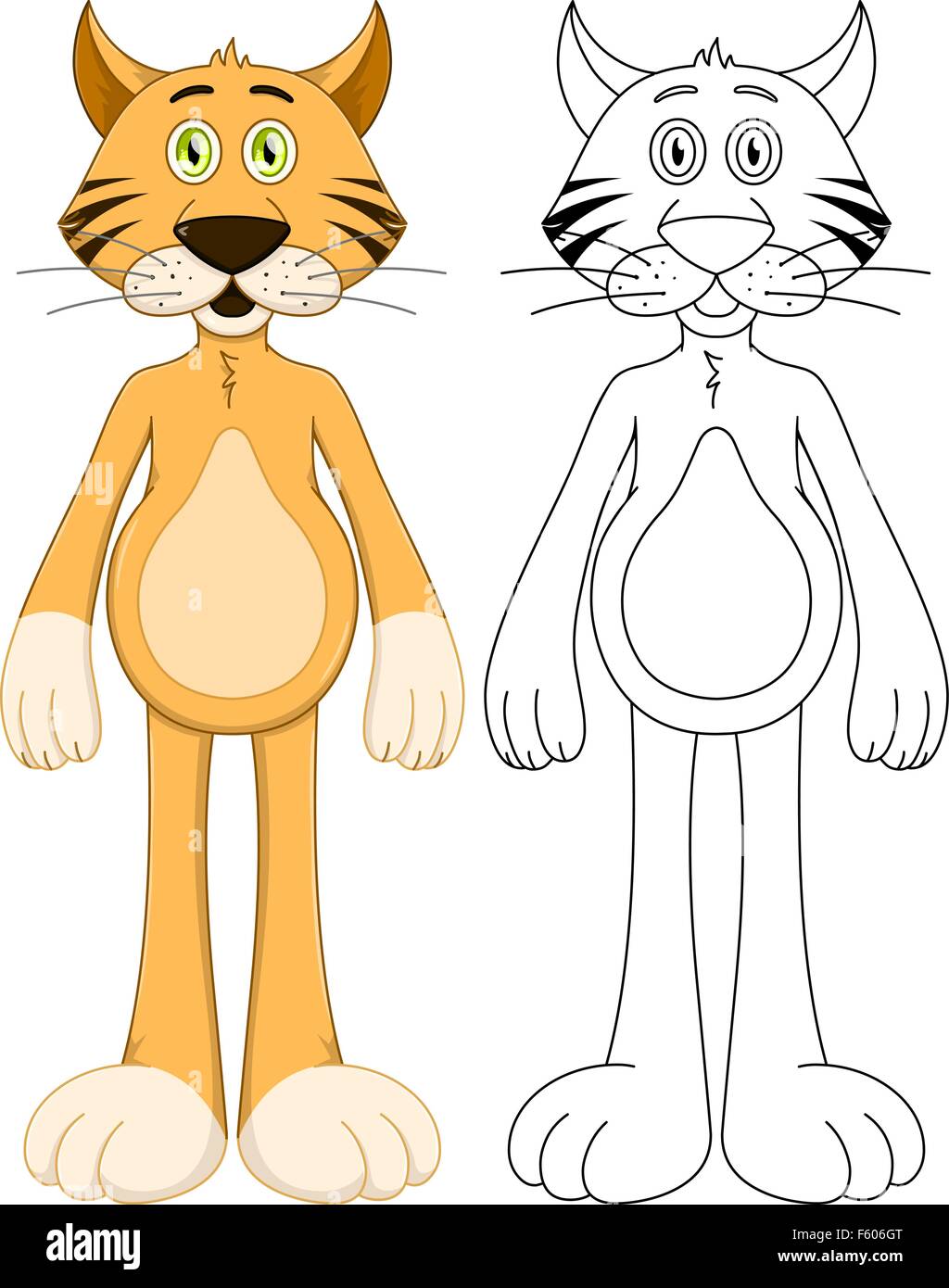 Vector illustration set of a cute ginger humanoid cat with lineart ...