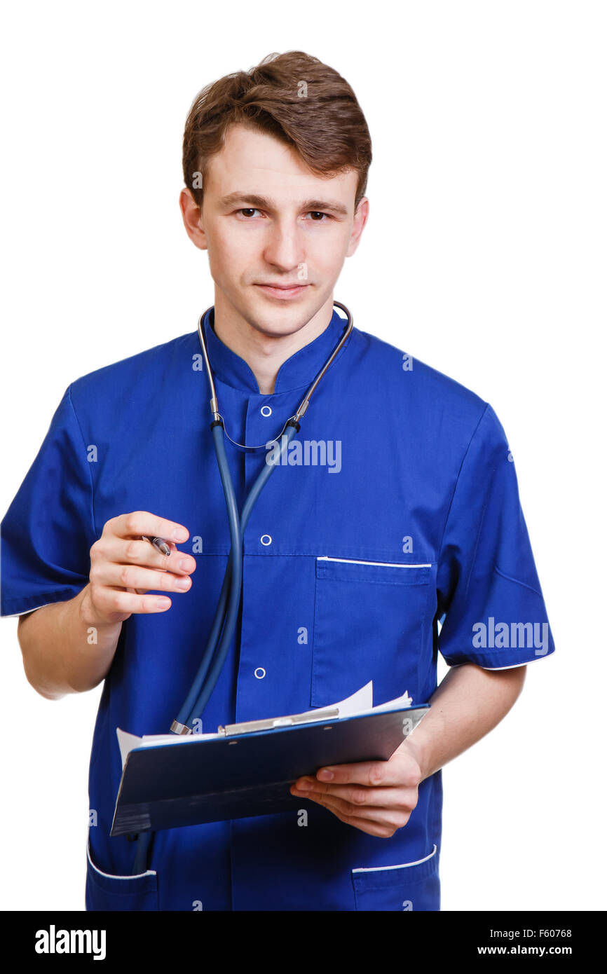 Serious Doctor writes diagnosis of the patient Stock Photo - Alamy