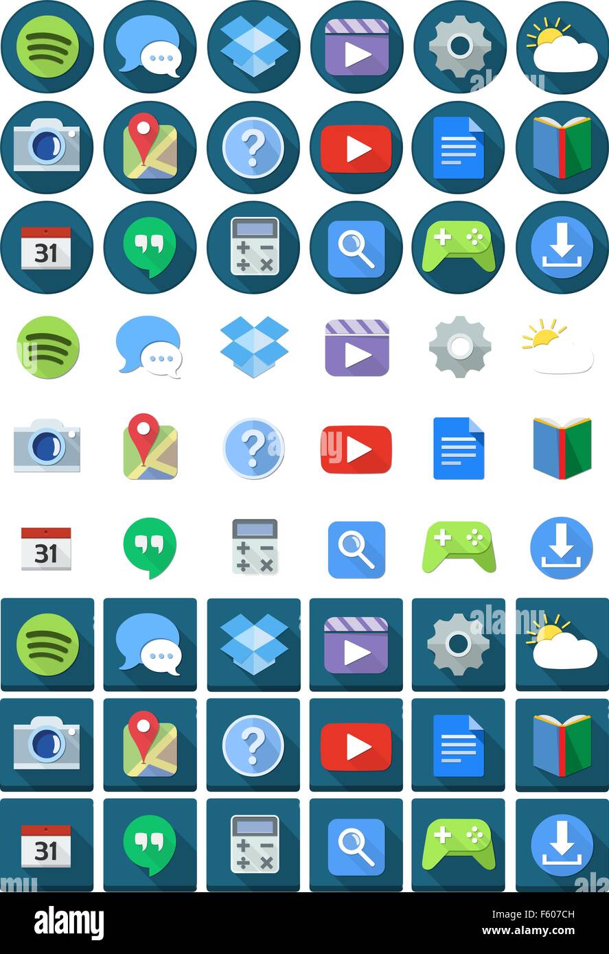 Vector illustration set of applications flat icons round and square ...