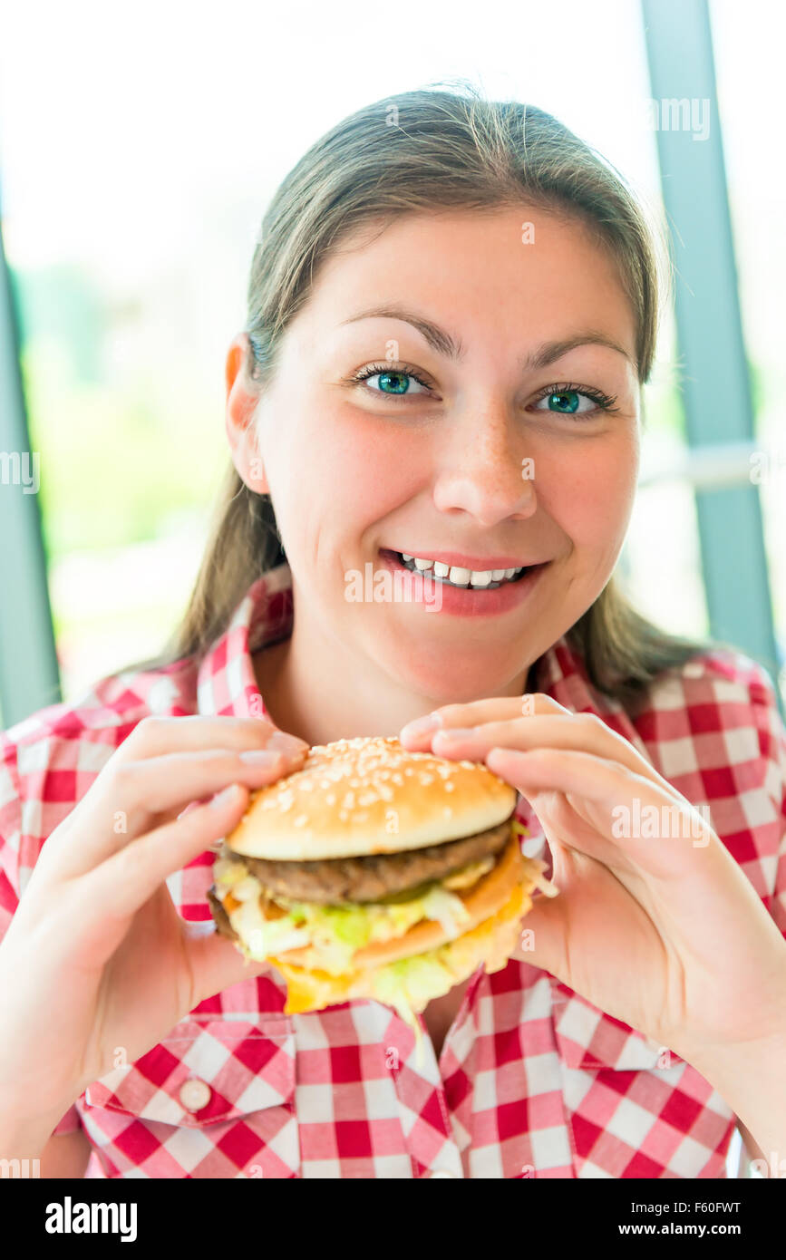 happy beautiful girl in the restaurant and fast food Stock Photo - Alamy