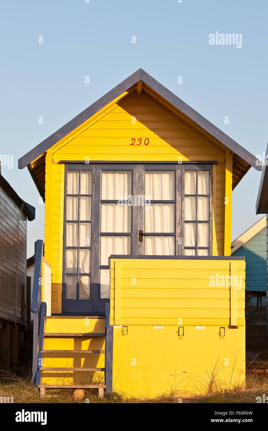 At sundown, beach hut at Mudeford, Christchurch Harbour near Poole ...
