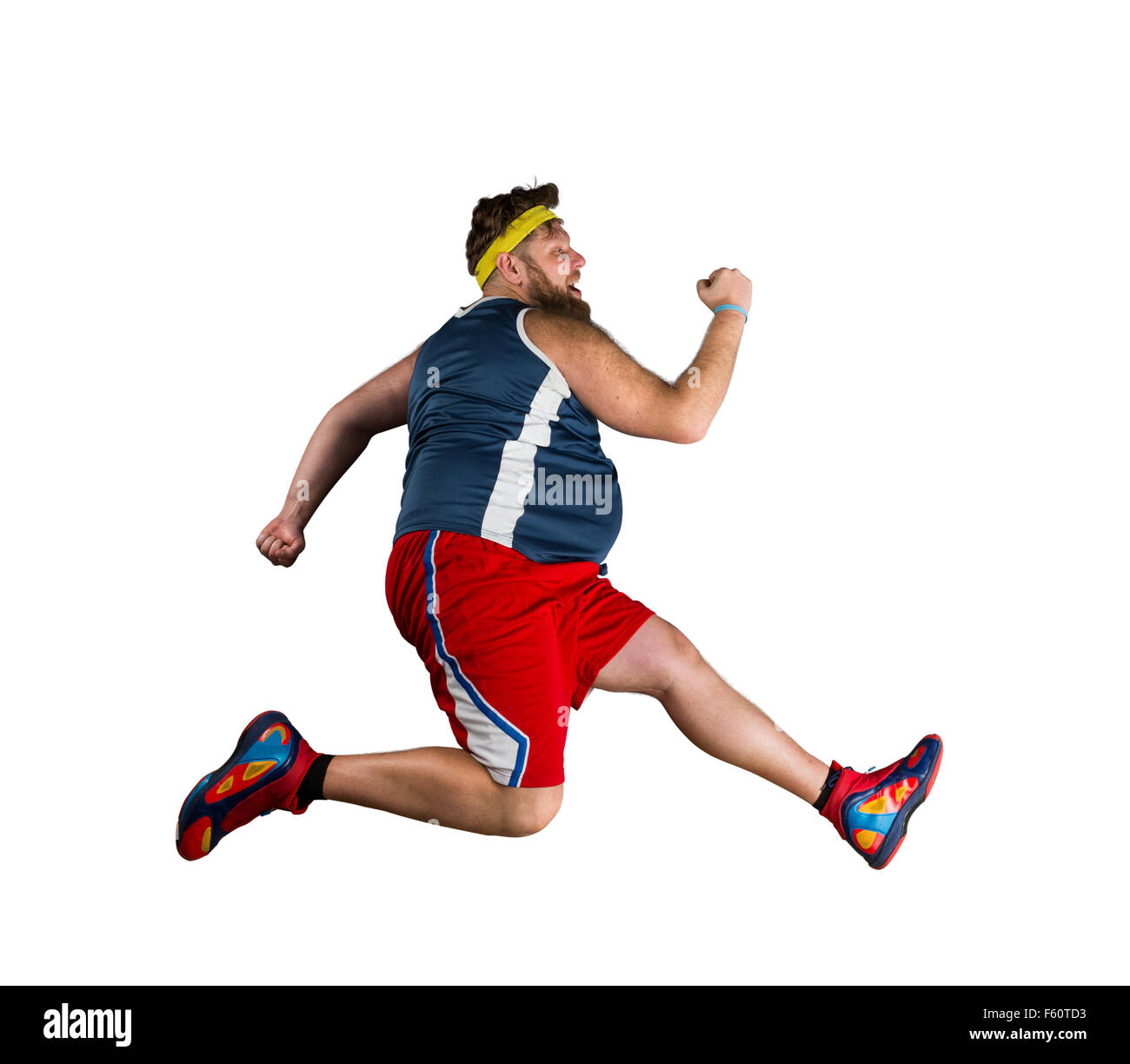 Fat sportsman running over white background Stock Photo - Alamy