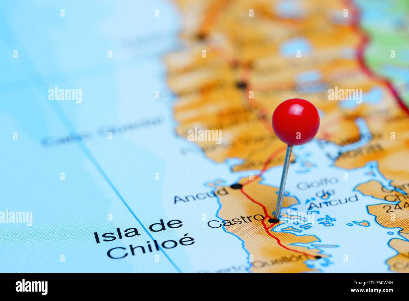 Castro pinned on a map of Chile Stock Photo - Alamy