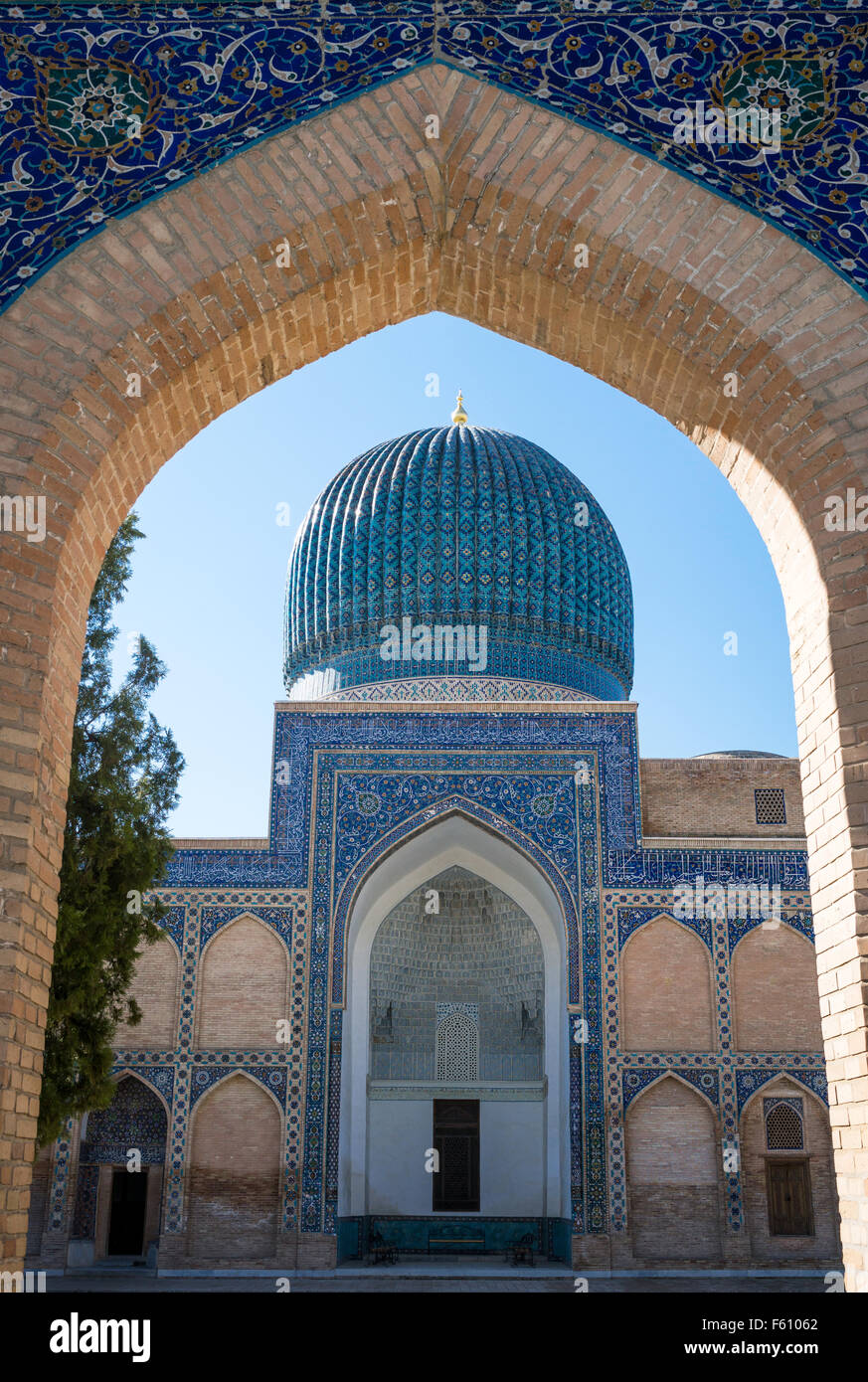 Uzbekistan, Samarkand, the blue dome of the Gur-Emir mausoleum that ...