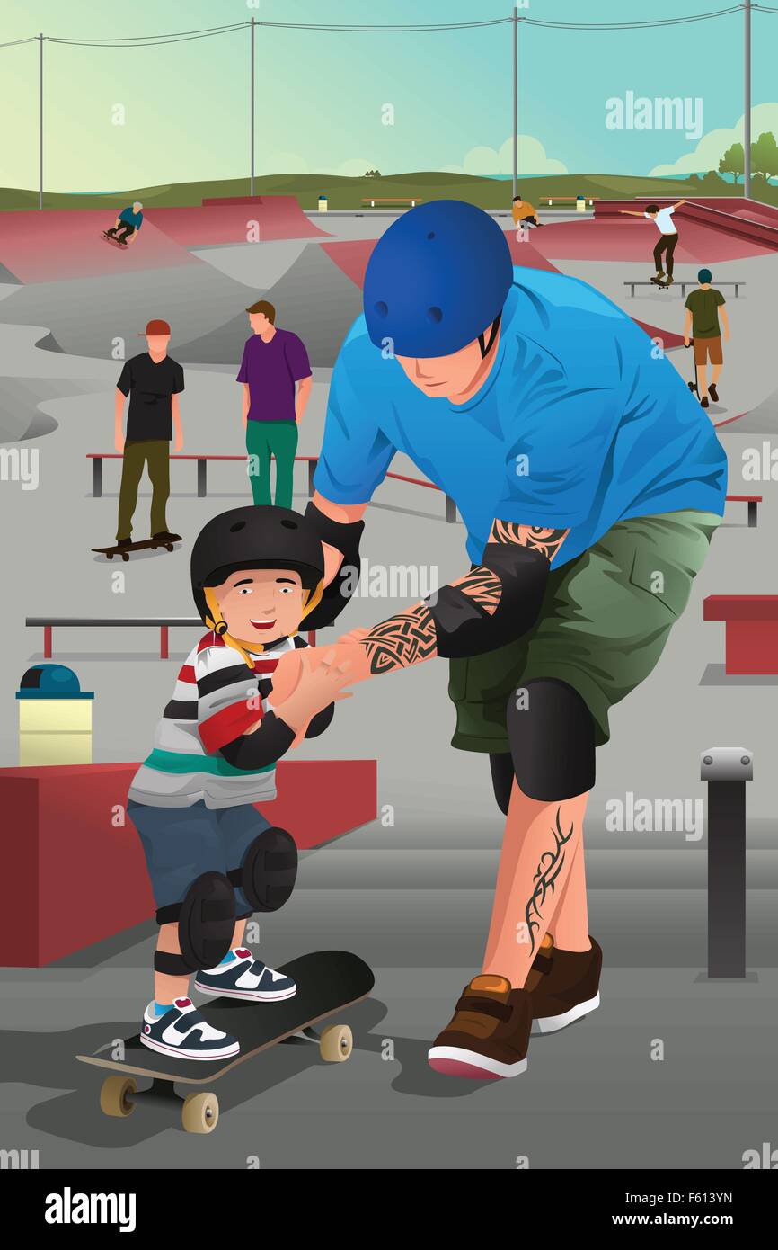 A vector illustration of father teaching his son skateboarding Stock ...