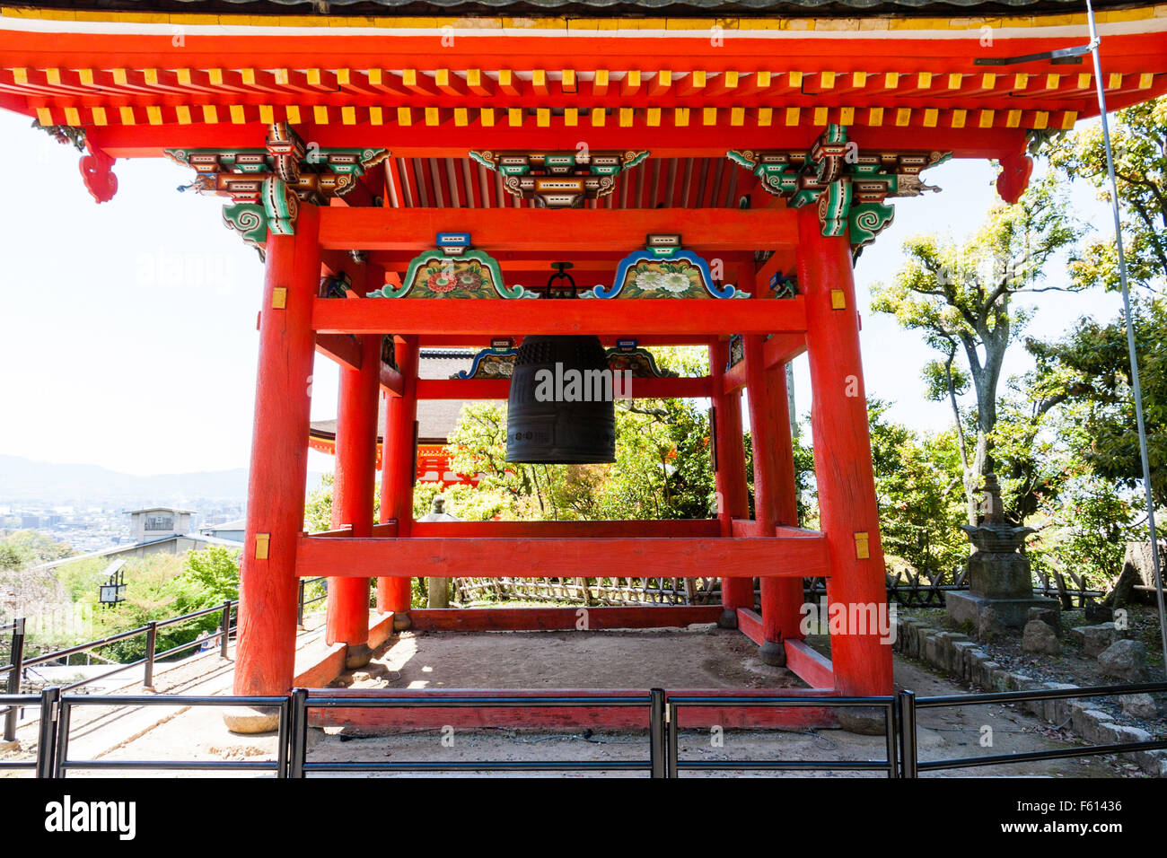Japan, Kyoto. Kiyomizu dera temple. Shoro, vermilion bell tower ...