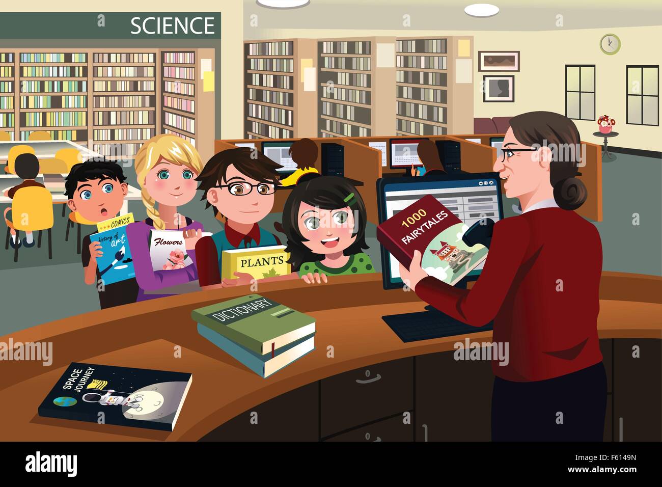 A vector illustration of kids waiting in line checking out books from ...