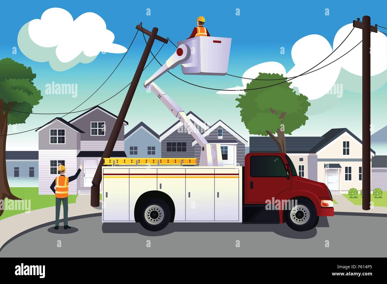 A vector illustration of worker fixing broken power lines Stock Vector ...