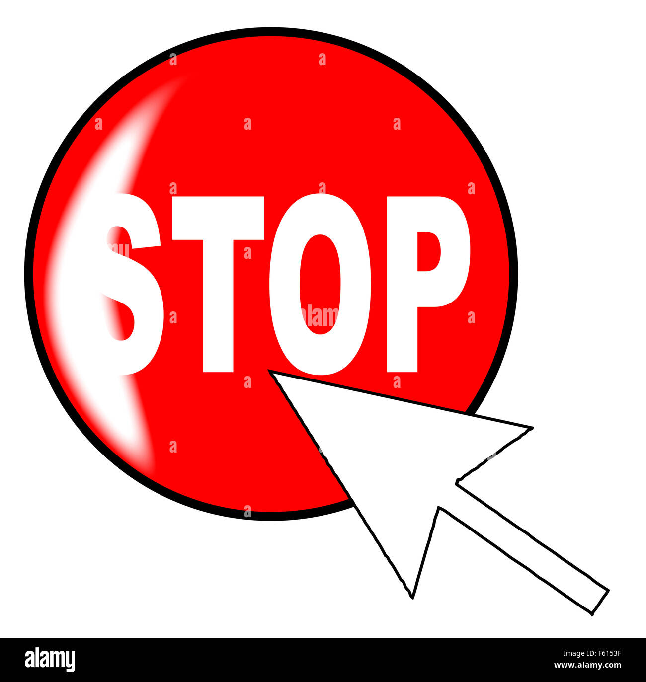 A computer stop icon with generic pointer arrow over a white background ...