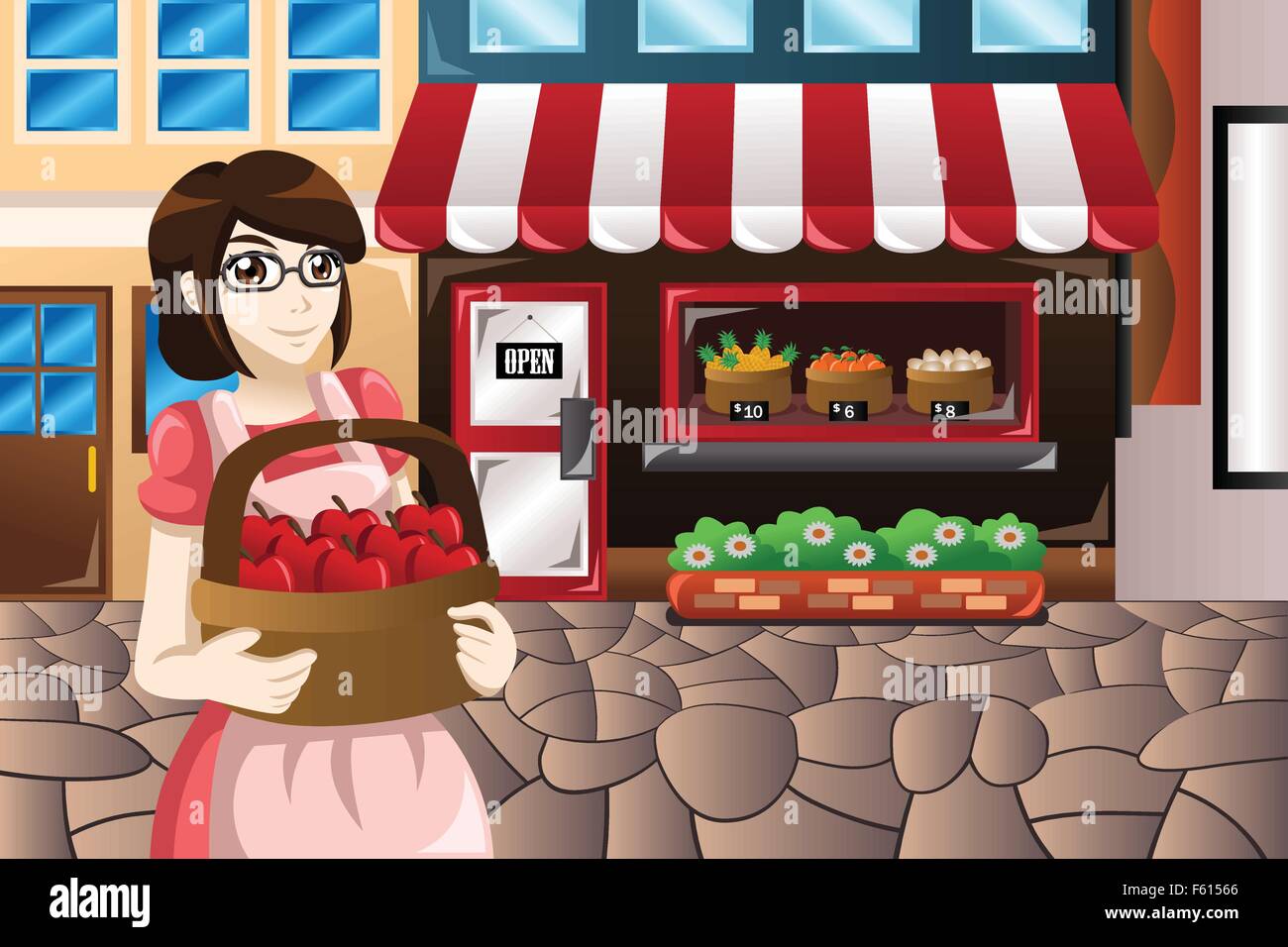 A vector illustration of female store owner standing in front of her ...