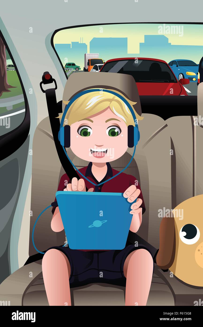 A vector illustration of little boy riding a car using a tablet Stock ...