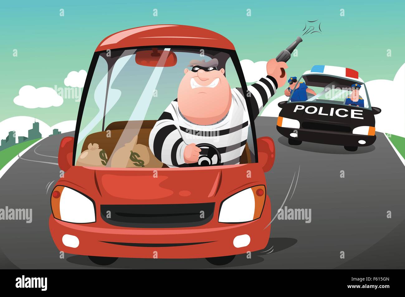 A vector illustration of police chasing criminals in a car on the ...