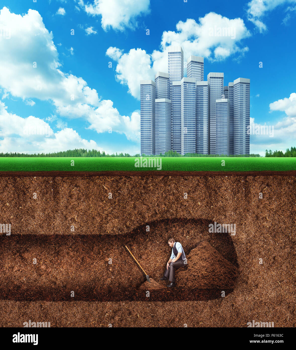 Businessman rests on the heap of soil while digging a tunnel under the ...