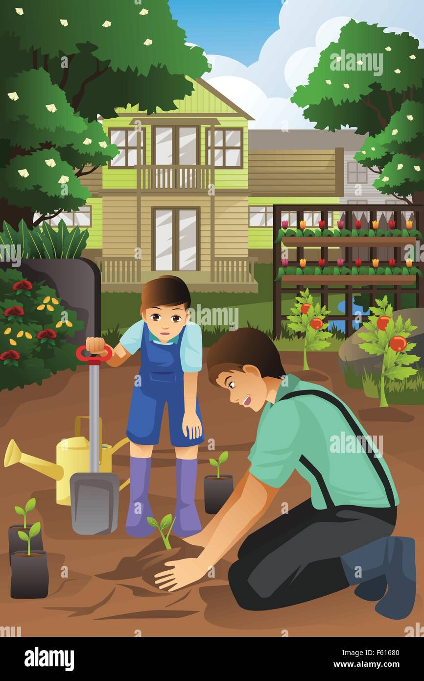 A vector illustration of father and son planting in the garden together ...