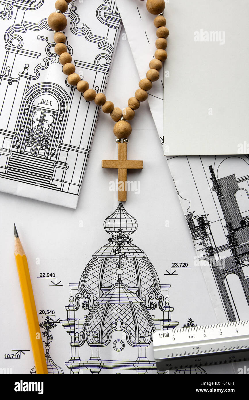 Architectural project of Christian church. Work drawings and cross on ...