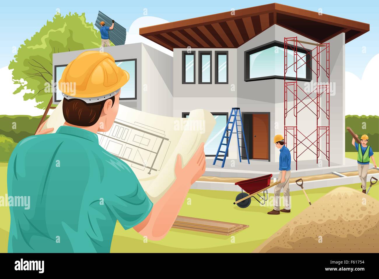 A vector illustration of architect working at the construction site ...