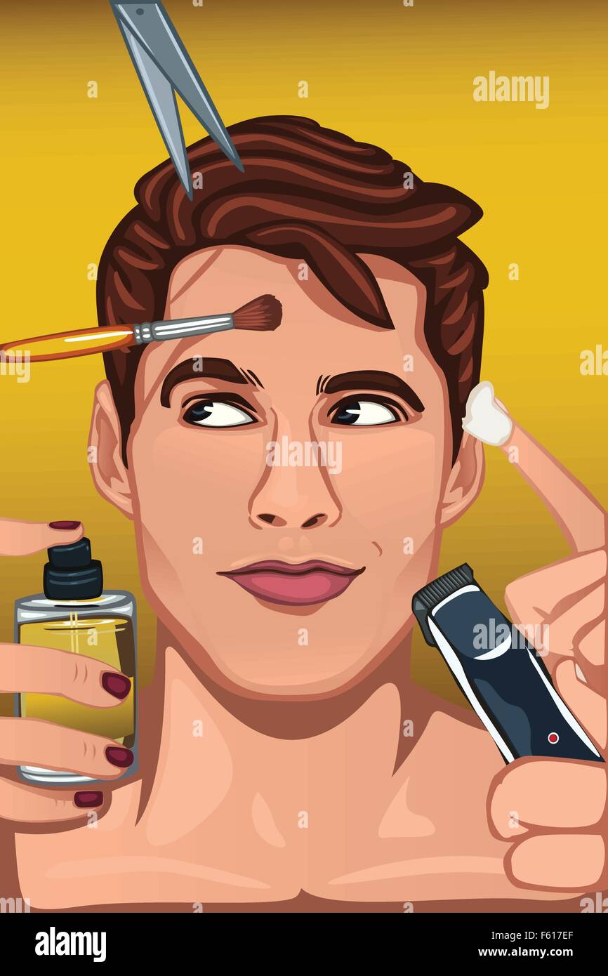 A vector illustration of man applying various beauty products to face ...