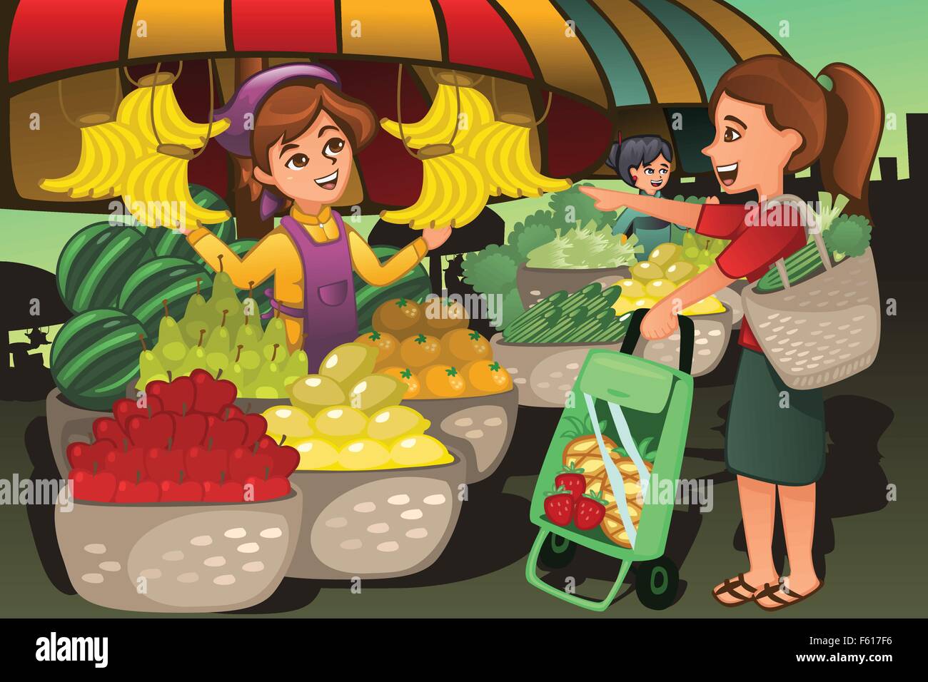 A vector illustration of fruit seller at the farmers market with a ...