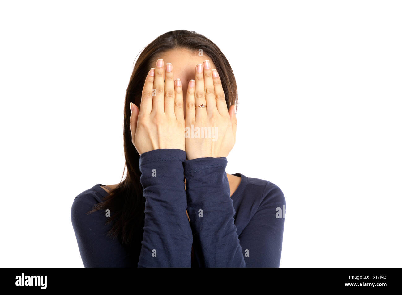 Portrait of a woman hiding with hands Stock Photo - Alamy