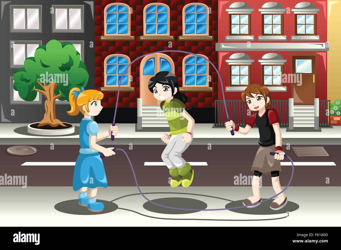 A vector illustration of happy kids playing double dutch Stock Vector ...