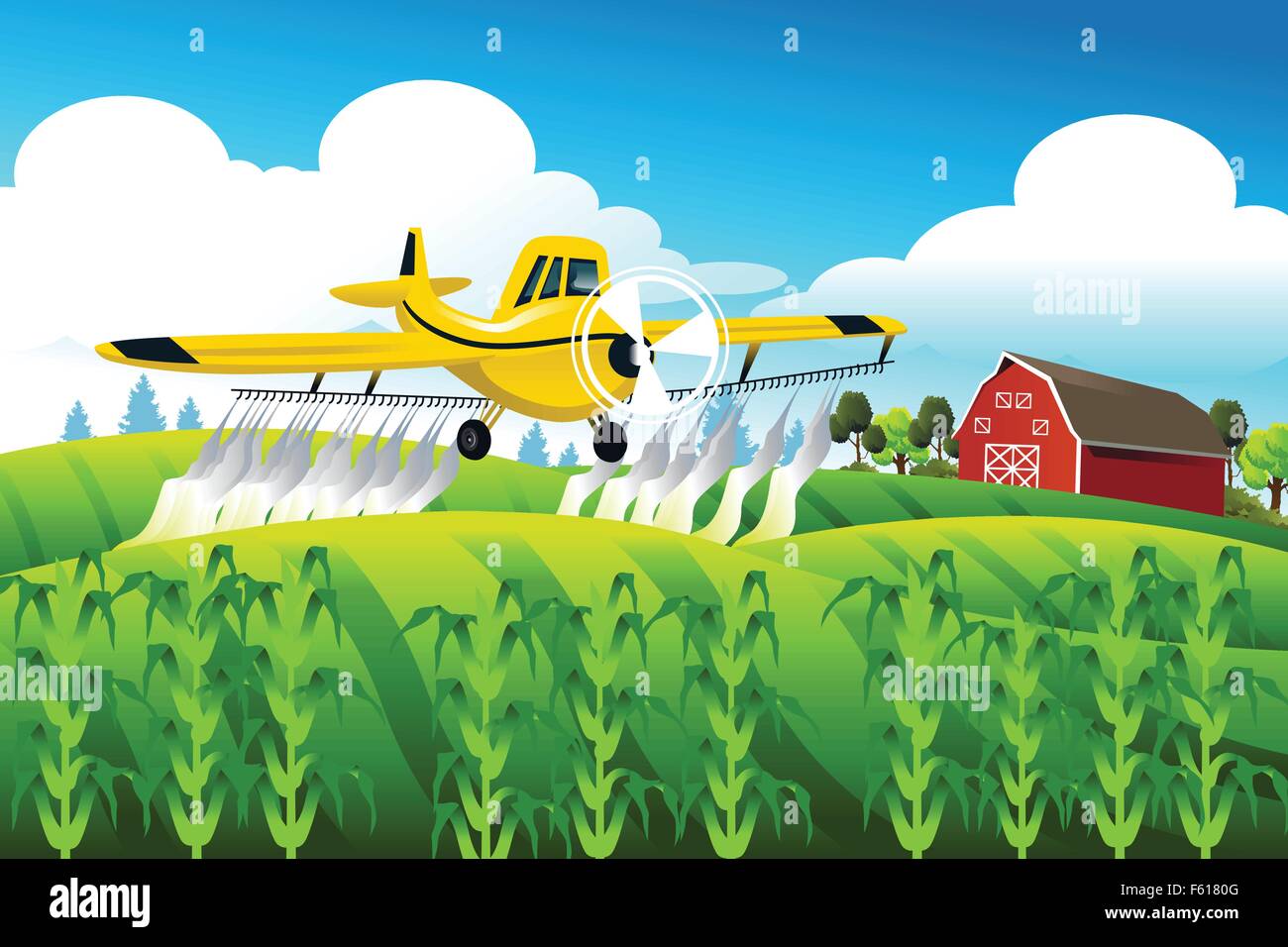 A vector illustration of crop duster flying over a field spraying ...