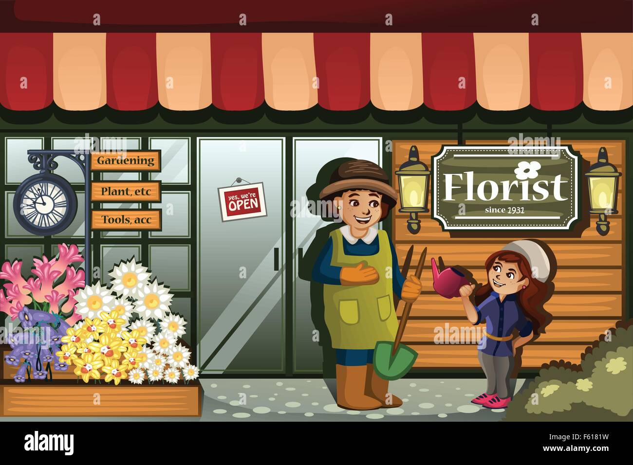 A vector illustration of gardener in a flower shop with kid Stock ...