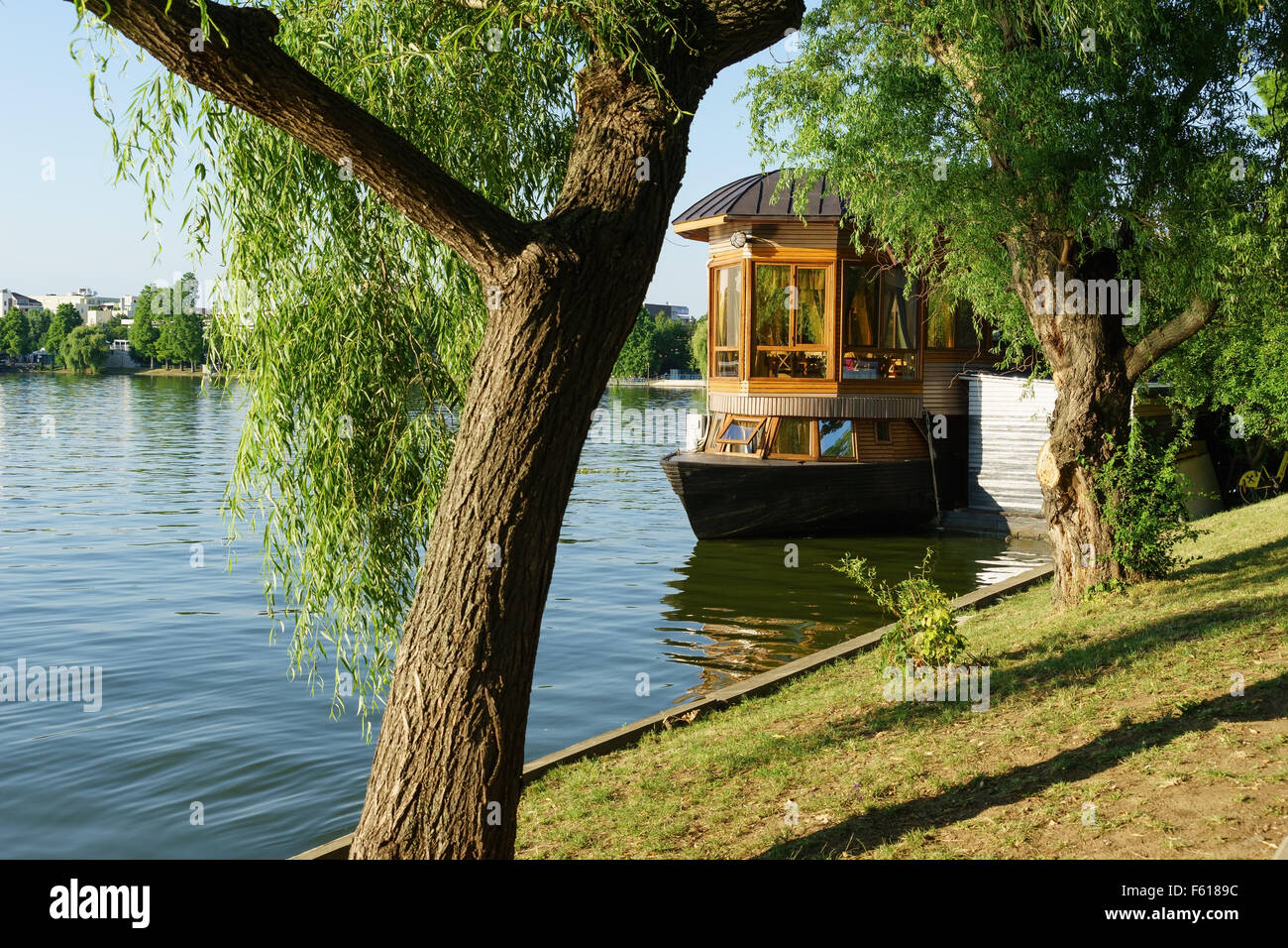 A floating restaurant boat at Herastrau park in Bucharest, Romania ...