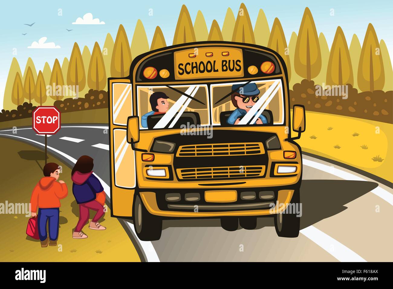 A vector illustration of school bus driver and kids Stock Vector Image ...