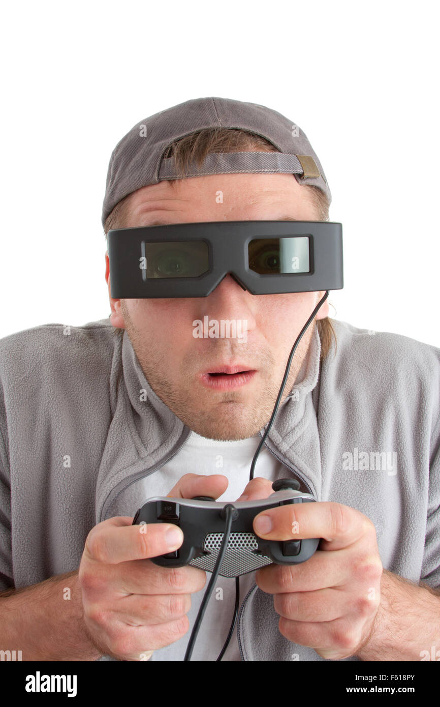 Surprised player with joystick and 3-D glasses. Isolated on white Stock ...
