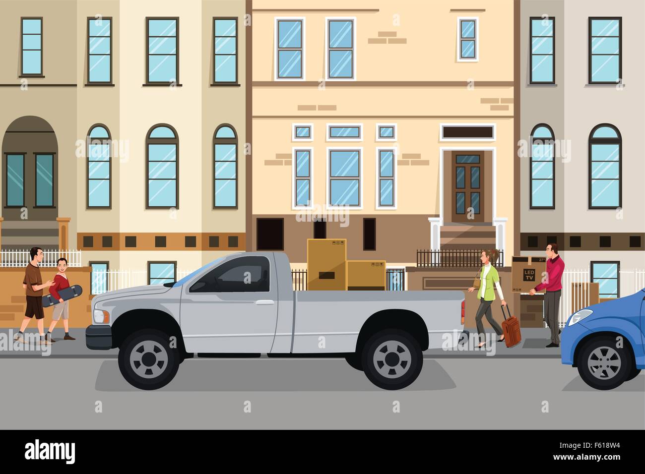 A vector illustration of moving couple loading stuff into their car ...
