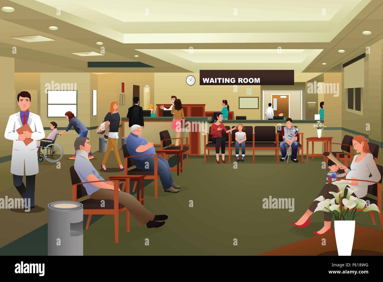 A vector illustration of patients waiting in a hospital waiting room ...