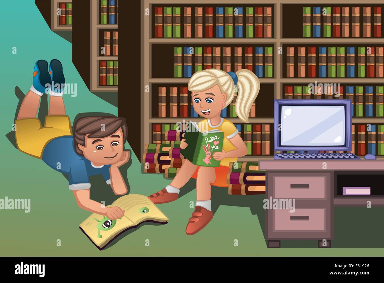 A vector illustration of happy kids reading books in the library Stock ...