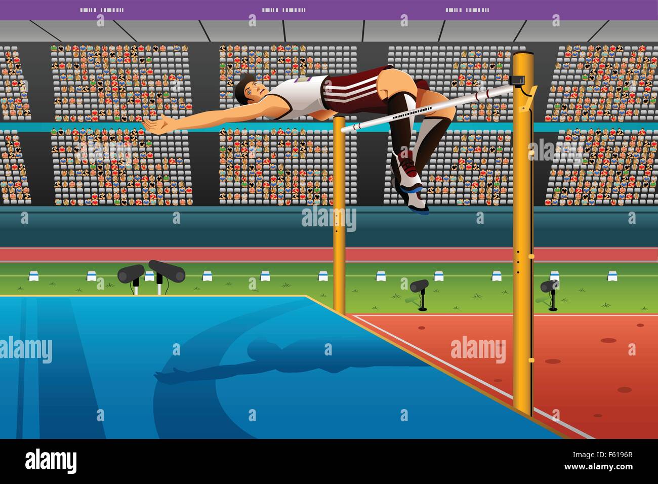 A vector illustration of male high jumper in midair over bar for sport ...
