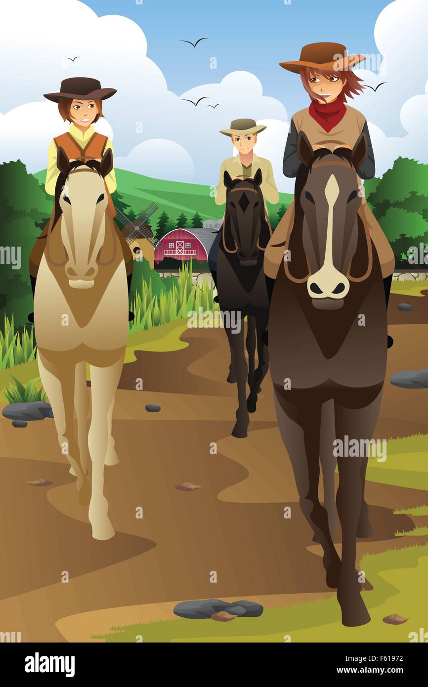 A vector illustration of young people horseback riding in a ranch Stock ...