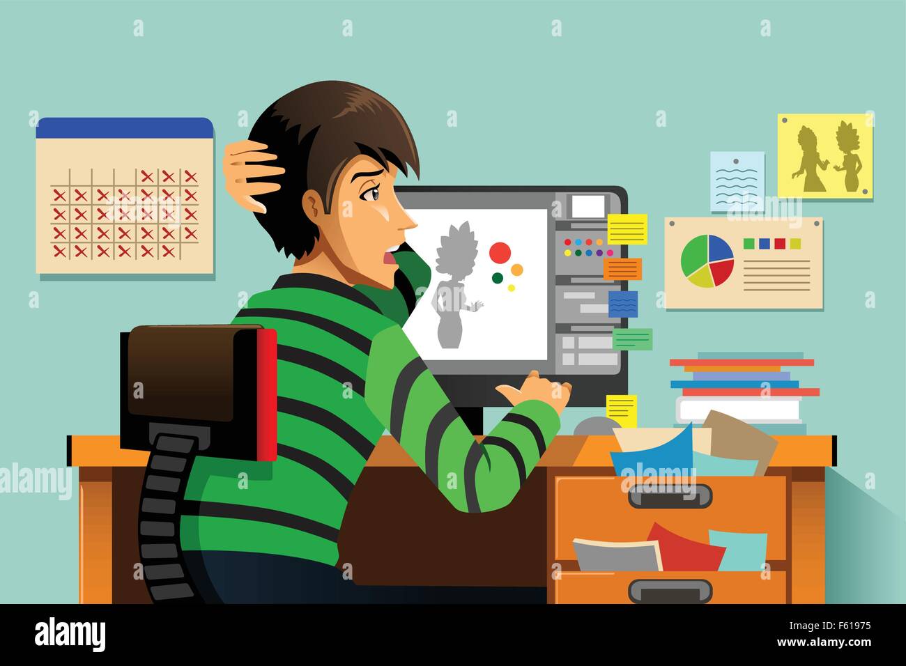 A vector illustration of a a graphic designer working on his computer ...