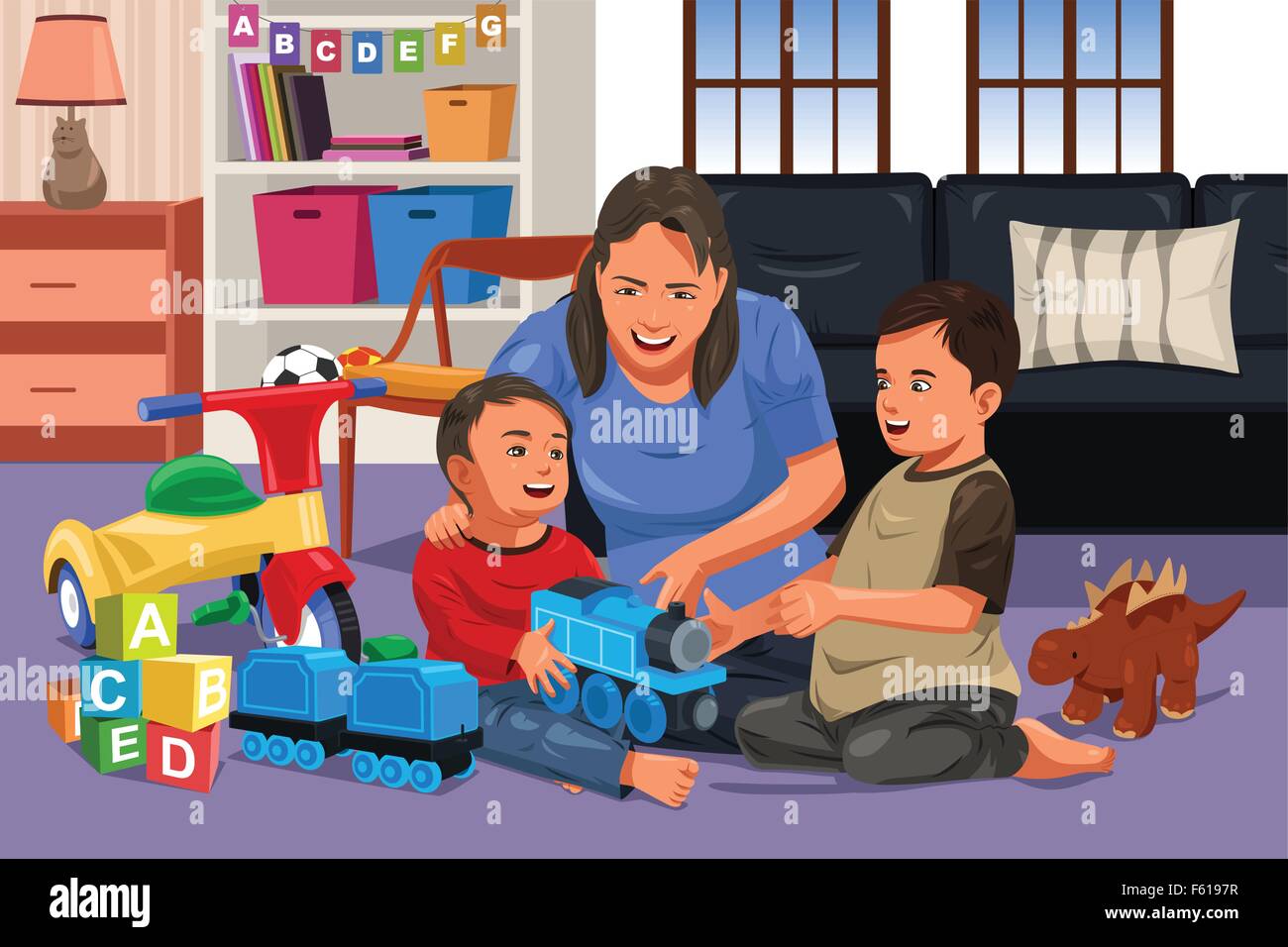 A vector illustration of mother playing with her happy kids together ...