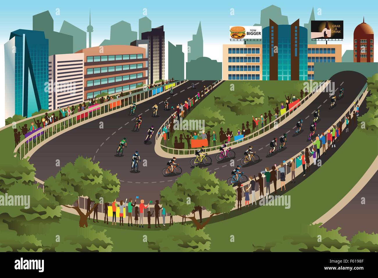 A vector illustration of cycling competition with city in the ...