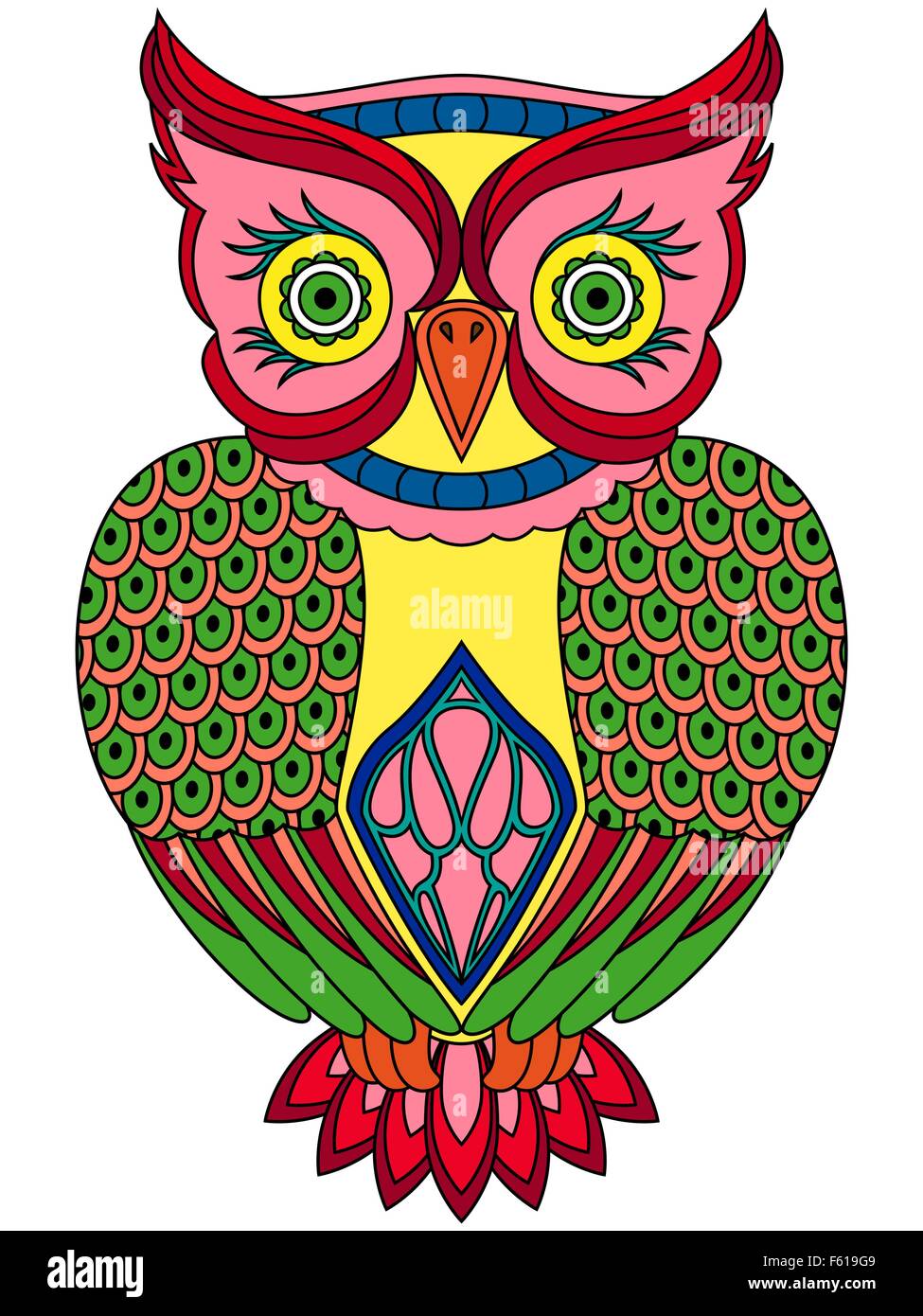 Colourful big serious owl, ornamental vector illustration with ethnic ...