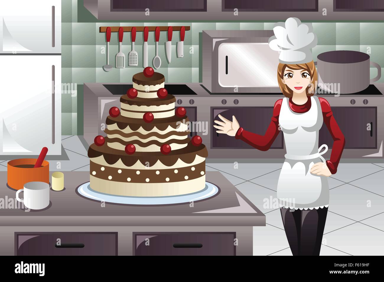 A vector illustration of pastry cook decorating a cake Stock Vector ...