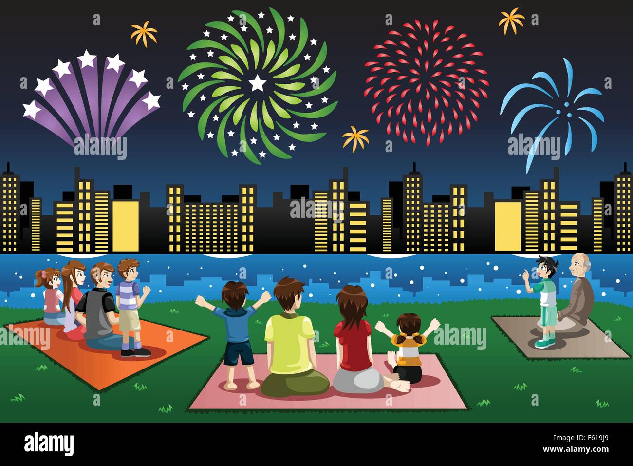 A vector illustration of families watching fireworks in a park Stock ...