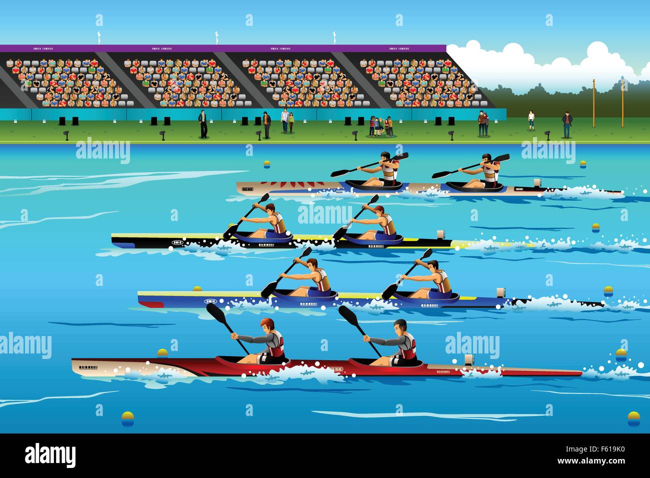 A vector illustration of People riding canoe in river for sport ...