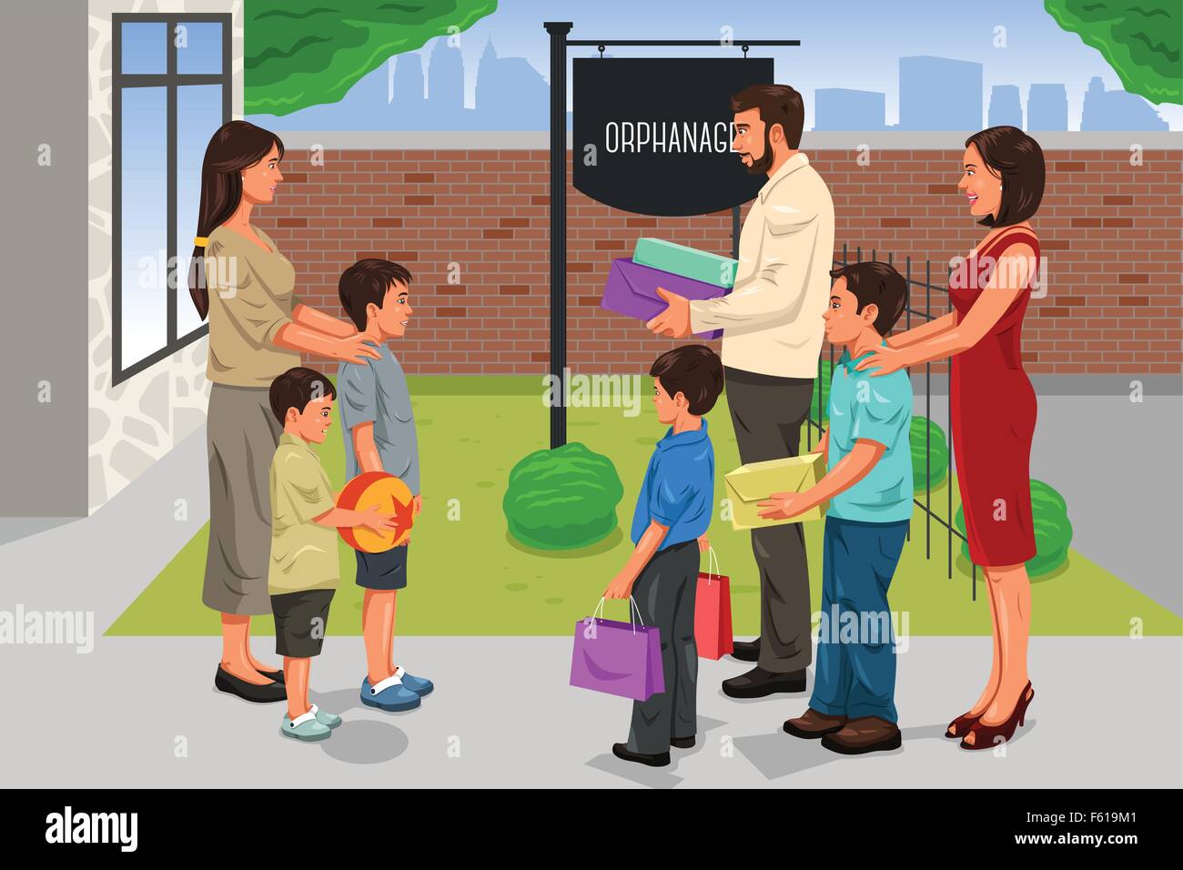 A vector illustration of family giving donation to the orphanage Stock ...