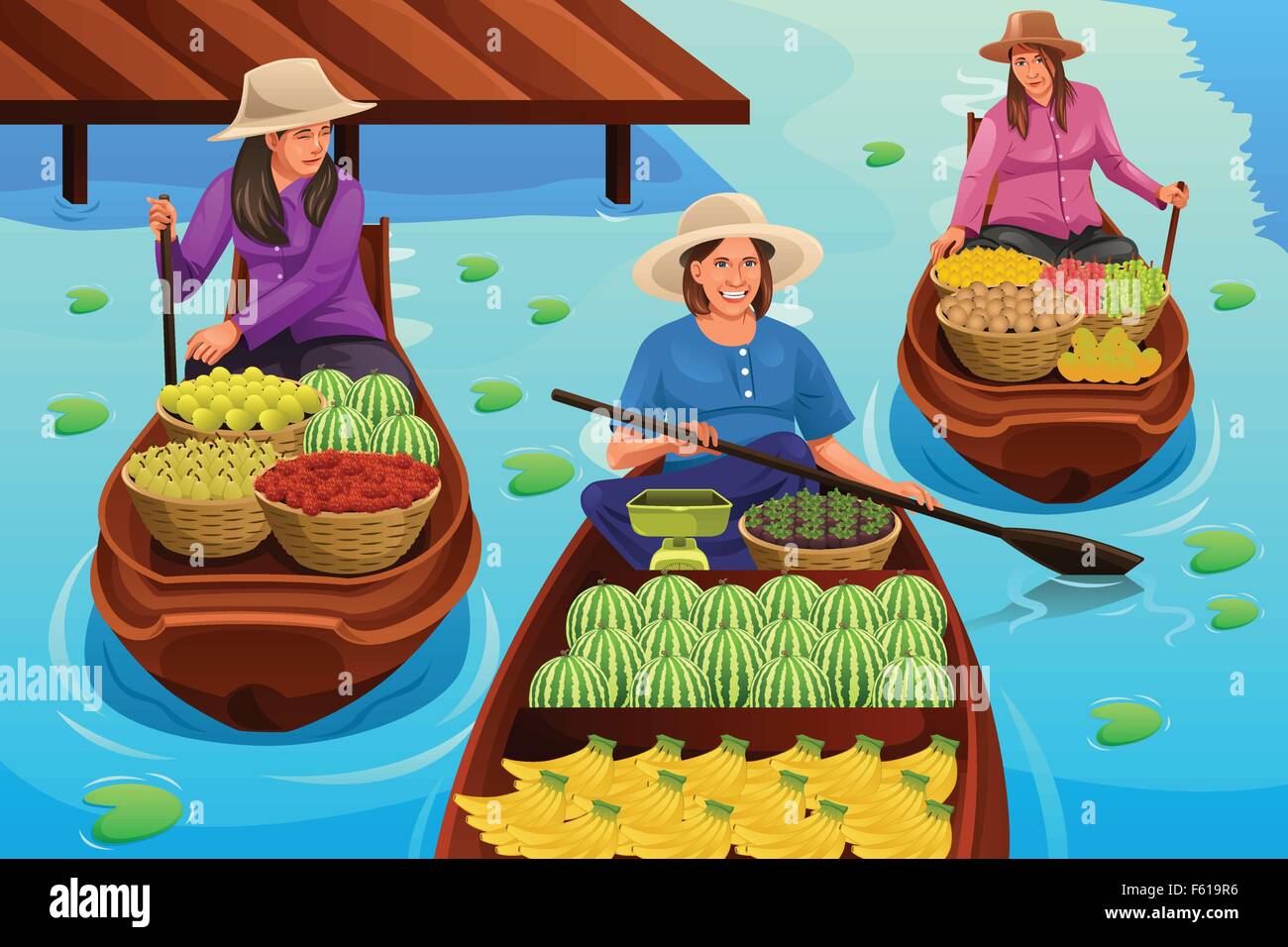A vector illustration of woman selling fruit in a traditional floating ...