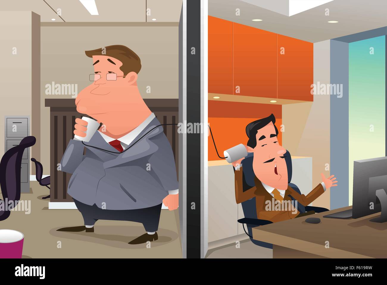 A vector illustration of two businessmen talking using a string can ...