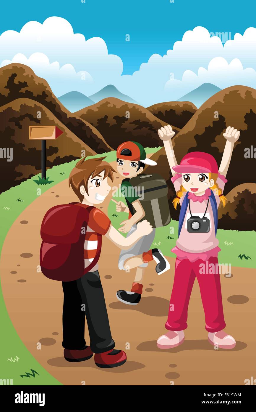 A vector illustration of happy kids on a adventure trip Stock Vector ...