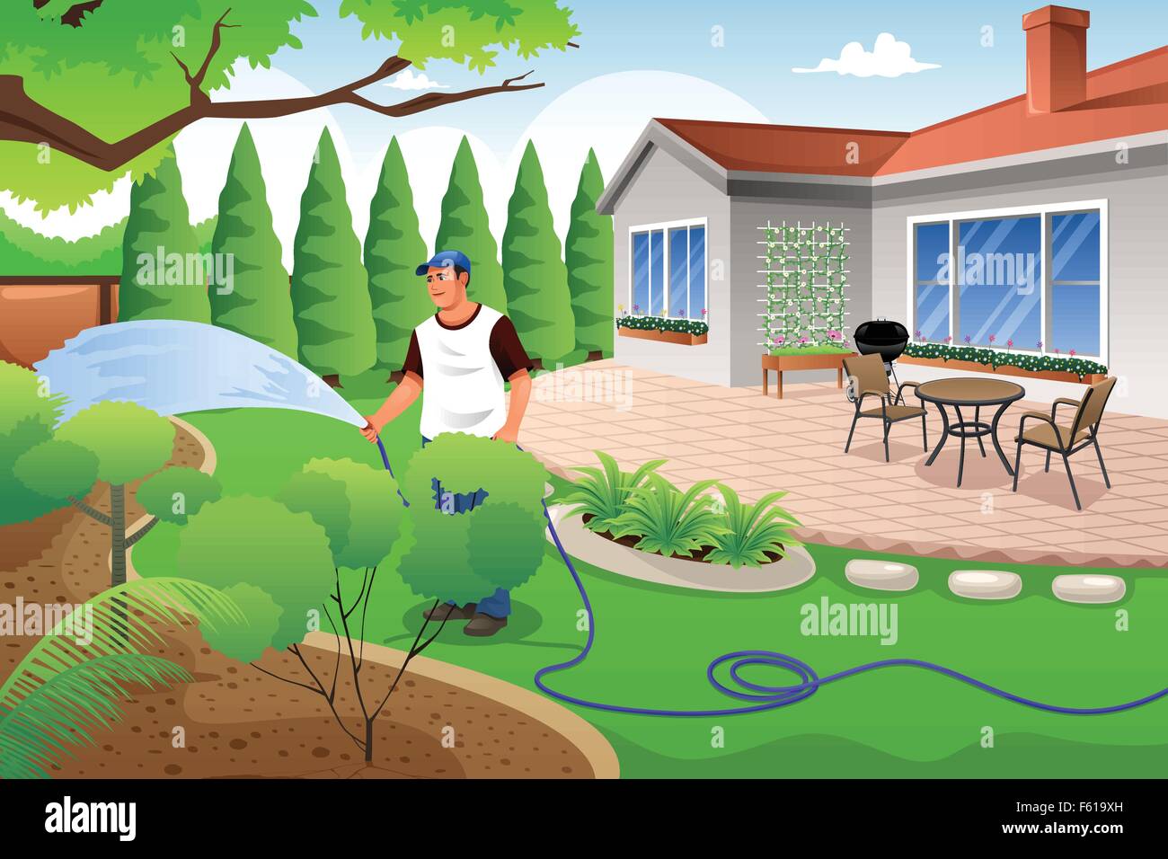 A vector illustration of man watering his grass and garden in the ...