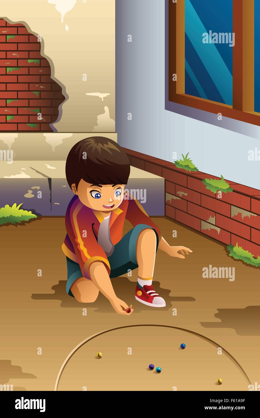 A vector illustration of little boy playing marbles outdoor Stock ...