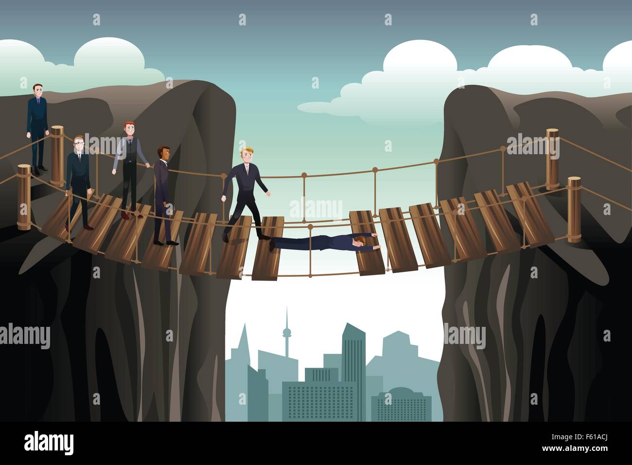A vector illustration of businessmen helping his colleagues crossing ...